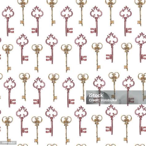 수채화 패턴 앤티크 복고풍 키 하트 모양 사랑 내 마음의 열쇠 포장지 매끄러운 패턴 직물 인쇄 포장 열쇠에 대한 스톡 벡터 아트 및 기타 이미지 Istock