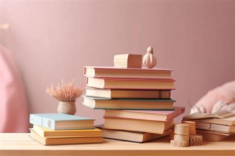Premium Ai Image Many Books On A Wooden Table And A Pastel Pink