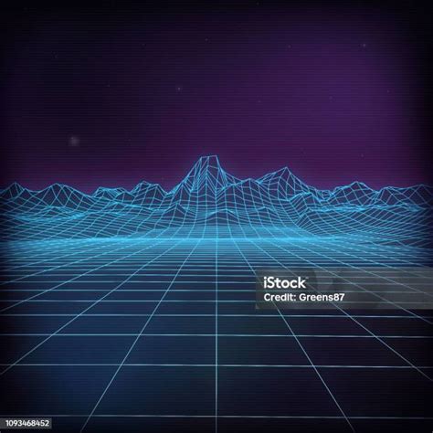 3d 미래 벡터 일러스트입니다 와이어 프레임 미래 풍경입니다 80 년대 복고풍 공상 과학 추상적인 배경 풍경에 대한 스톡 벡터 아트 및 기타 이미지 Istock