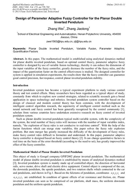 Design Of Parameter Adaptive Fuzzy Controller For The Planar Double Inverted Pendulum