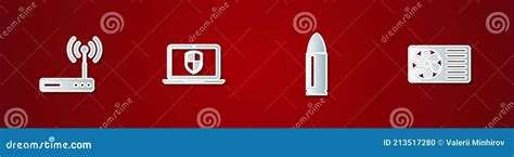 Set Router And Wi Fi Laptop With Shield Bullet And Air Conditioner Icon Vector Stock Vector