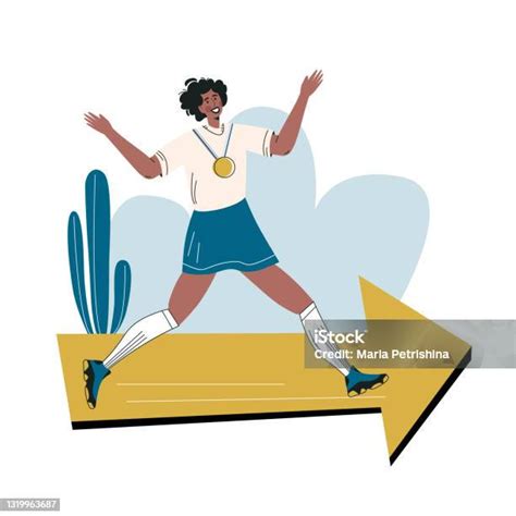 러닝 우먼 선수는 금메달을 목에 걸었습니다 스포츠 경쟁 및 리더십 개념 챔피언 트로피를 가진 젊은 즐거운 아프리카 계 미국인