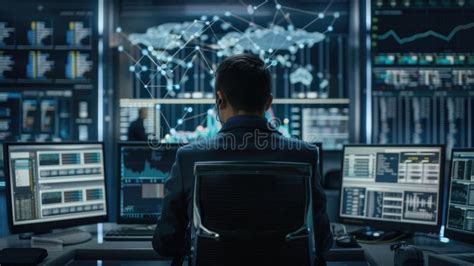 A Cybersecurity Expert In A High Tech Control Room Monitoring Digital Networks And Analyzing