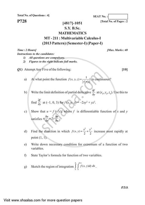 Multivariable Calculus 1 2015 2016 B Sc Mathematics Semester 3 Sybsc 2013 Pattern Question