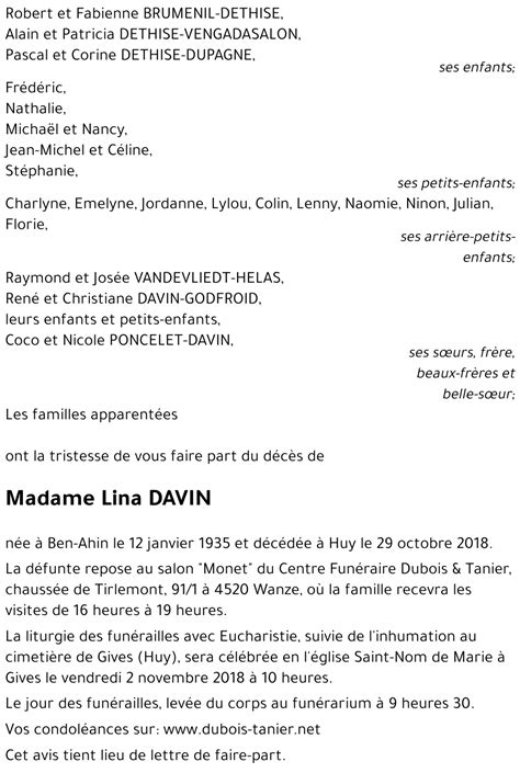 Avis De Décès De Lina Davin Décédé Le 29102018 à Huy Annonce