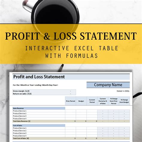 Profit And Loss Statement Excel Table With Interactive Formulas Annual