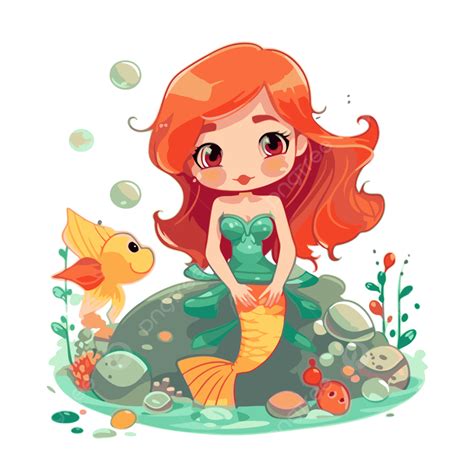 인어공주 벡터 스티커 클립 아트 바위 만화에 앉아서 수영하는 귀여운 인어 상표 클립 아트 Png 일러스트 및 벡터 에