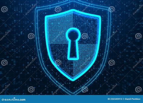 Abstract Glowing Shield With Padlock Icon On Dark Binary Code