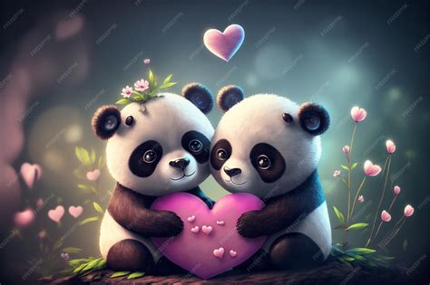 Premium Photo Two Cute Pandas In Love Hearts Romantic Generative Ai
