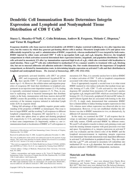 Pdf Dendritic Cell Immunization Route Determines Integrin Expression And Lymphoid And