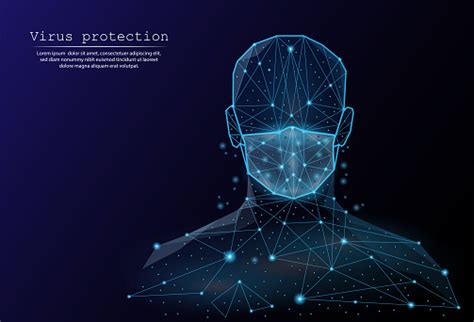 추상적 이미지는 별과 우주의 포인트 선 모양으로 구성된 별이 빛나는 하늘이나 공간의 형태로 의료 용 마스크의 남자를 이미지합니다 3d 로우 폴리 벡터 바이러스 보호 별