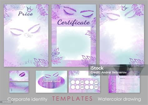 구성 요소 설정 교육 기관의 다채로운 메이크업 인증서 가격표 명함 및 기프트 또는 보너스 카드 보라색 흰색 보라색과 청록색 배경 수채화 속눈썹 눈썹 크라운 및 잎 보라색