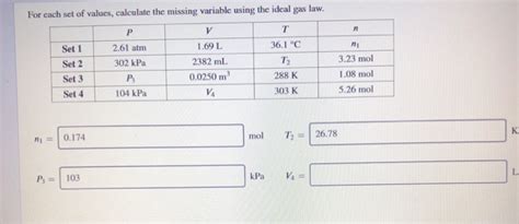 solved for each set of values calculate the missing
