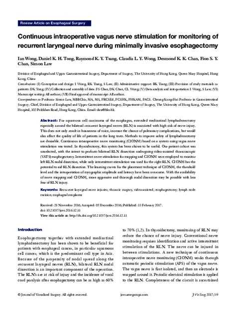 Pdf Continuous Intraoperative Vagus Nerve Stimulation For Identification Of Imminent Recurrent