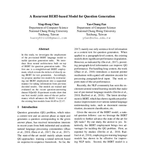 A Recurrent Bert Based Model For Question Generation Acl Anthology