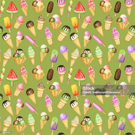아이스 롤리와 여름 원활한 패턴 와플 콘에 초콜릿으로 장식 아이스크림 특종 녹색 배경에 수채화 그림 과일 믹스 아이스크림 공 직물 섬유 디자인 0명에 대한 스톡 벡터 아트