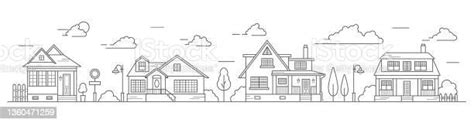 도시의 지역의 풍경 교외 주거 지역의 주택 마을의 저층 건물 윤곽선 벡터 그림입니다 집에 대한 스톡 벡터 아트 및 기타 이미지