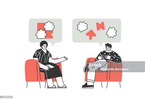 고객 및 심리학자 정신 건강 지원 사회 정신과 치료사 및 환자의 개념 스트레스 중독 및 정신 적 문제의 치료 벡터 일러스트레이션