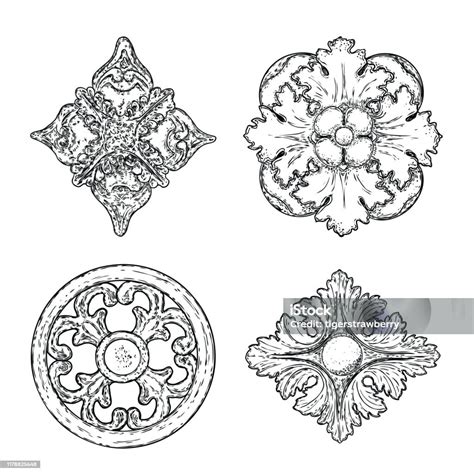 바로크 고대 빈티지 스타일의 꽃 원형과 마름모 또는 사각형 디자인 요소세트 직물 스카프 배경에 대한 검은 흰색의 유행 패턴을