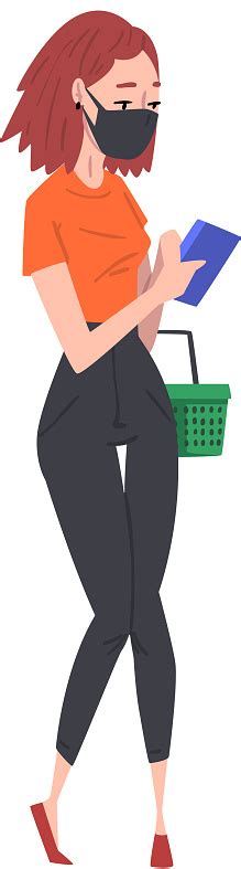 쇼핑몰이나 슈퍼마켓에서 쇼핑 식료품을 쇼핑하는 젊은 여성 질병 예방 개념 만화 스타일 벡터 일러스트레이션을 들고 서있는 호흡기 얼굴 마스크소녀 고객에 대한 스톡 벡터 아트