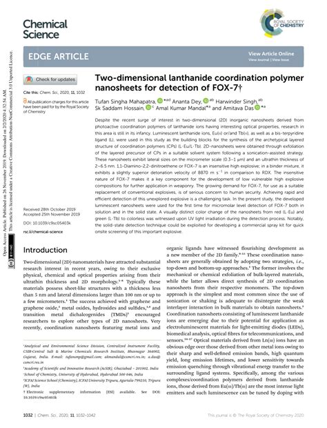 Pdf Two Dimensional Lanthanide Coordination Polymer Nanosheets For