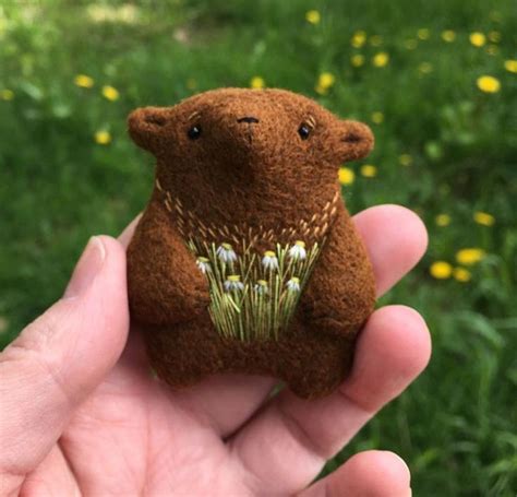 Needle Felted Bear With Flower Embroidery