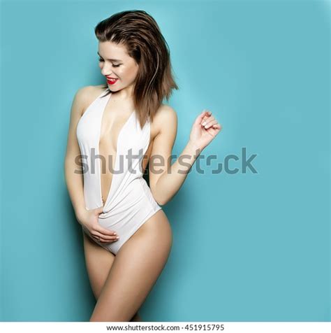 Sexy Girl White Bathing Suit On Foto Stok Shutterstock