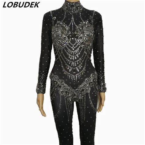 Gray Black Big Rhinestones Jumpsuit Sexy Skinny Glass Diamond Bodysuit