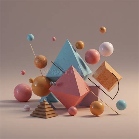 Abstract Composition Featuring Various Geometric Shapes Like Spheres Cubes Stock Illustration