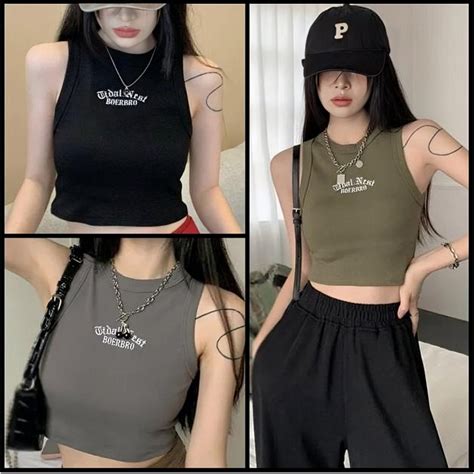 Korean Racer Back Crop Top For Women Embroidered Knitted Korean Trendy