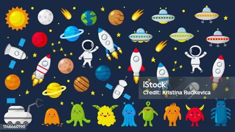 우주 행성 별 외계인 로켓 Ufo 별자리 위성 문 로버에서 귀여운 우주 비행사의 큰 세트 아이에 대한 스톡 벡터 아트 및 기타
