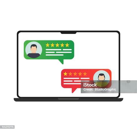 노트북에 대한 고객 피드백 개념 별 5개 등급 및 리뷰 긍정적인 피드백을 제공하는 사람들 고객 서비스 및 사용자 경험 벡터 그림