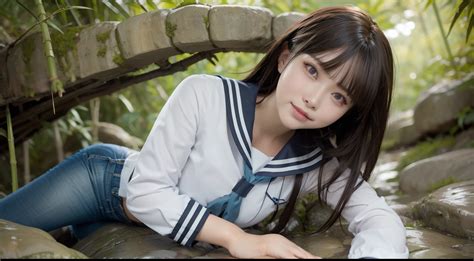Arafed Asian Woman In A Sailor Suit Laying On A Rock Seaart Ai