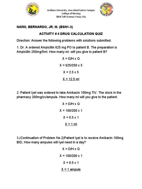 Activity 4 Drug Calculation Quiz Pdf