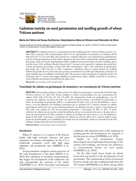 Pdf Cadmium Toxicity On Seed Germination And Seedling Growth Of Wheat