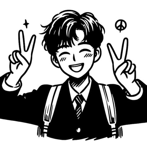 Black And White Silhouette Of A Student Guy Showing The Peace Sign