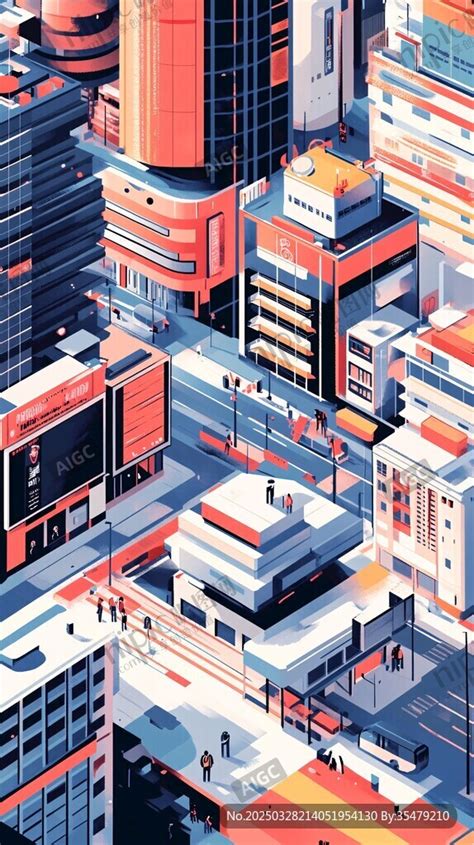 Ai创作图未来城市 建筑 景观 几何 色彩 街道 行人 高楼 街区 现代 立体 插画 风格 城市风貌 繁华 昵图网