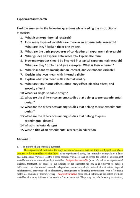 5 Experimental Research Experimental Research Find The Answers To The Following Questions