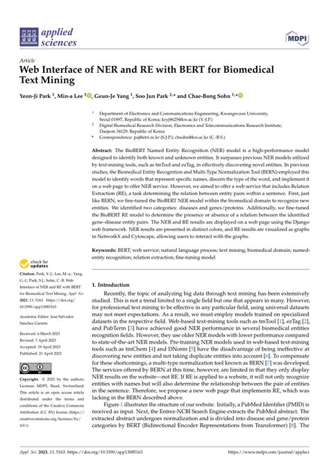 Pdf Web Interface Of Ner And Re With Bert For Biomedical Text Mining