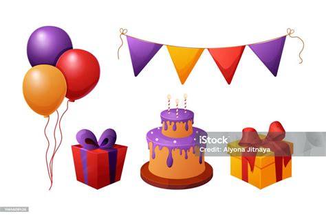 생일 요소 축하 케이크 및 선물 화환 및 풍선 흰색 배경의 만화 스타일의 파티 종이 모자를 설정합니다 벡터 그림 생일에 대한