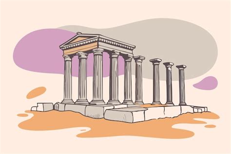 A Drawing Of A Temple With Columns And A Pink Sky Premium AI Generated Vector