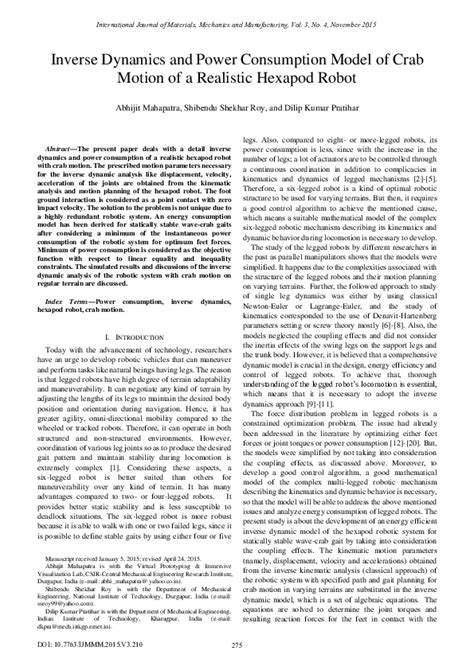 Pdf Inverse Dynamics And Power Consumption Model Of Crab Motion Of A Realistic Hexapod Robot
