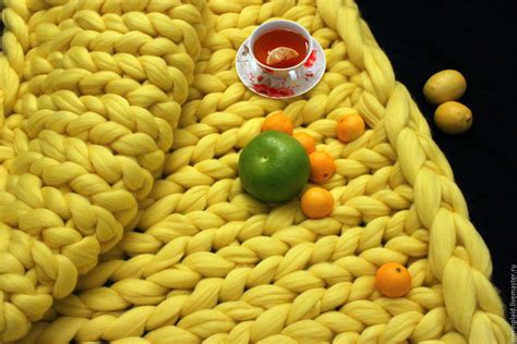 Плед крупной вязки из овечьей шерсти породы Меринос "Сочный цитрус ...