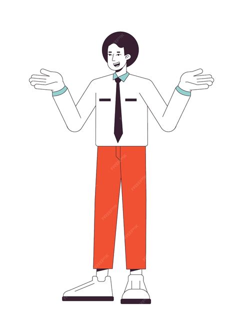 혼란스러운 플랫 라인 컬러 벡터 문자로 어깨를 으쓱하는 무식한 회사원 흰색 아프로 머리 직원 웹 그래픽 디자인을 위한 간단한