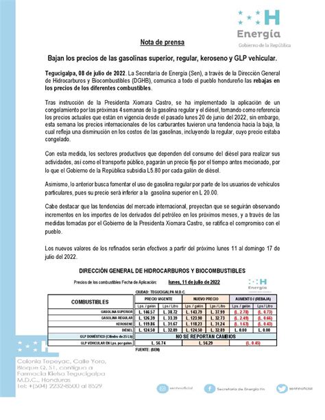 Precio Del Combustible Hoy En Honduras Vigente Desde El 11 Al 17 De