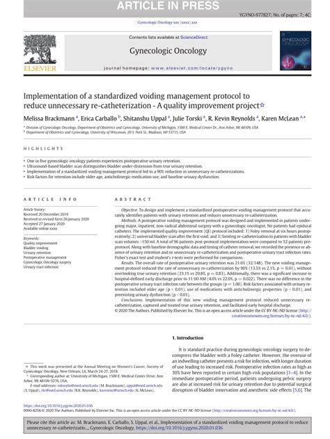 Pdf Implementation Of A Standardized Voiding Management Protocol To