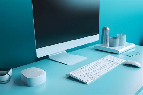 premium photo workplace with computer mouse keyboard and stationery on blue background