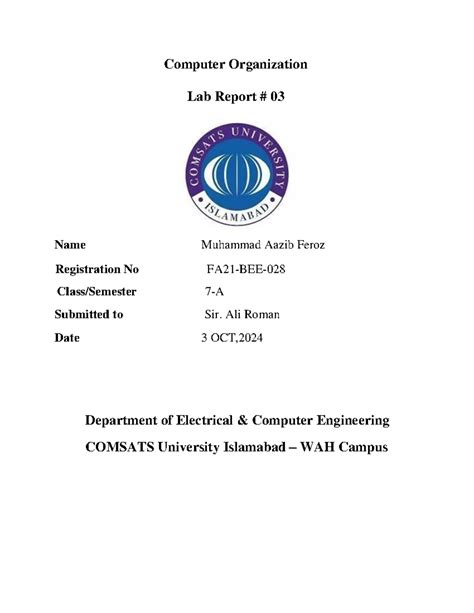 Lab Report 03 Computer Organization Lab Report 0 3 Name Muhammad