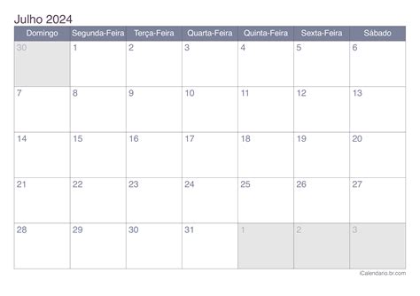 Calendário Julho 2024 Para Imprimir Icalendá