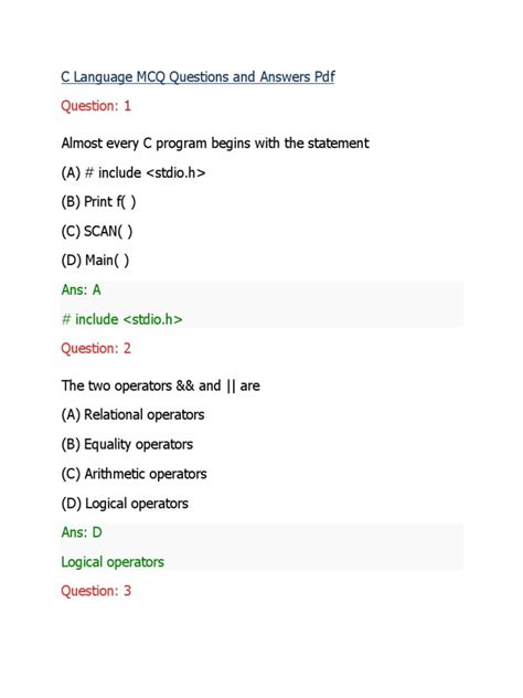 C Languages Mcq Questions Answers Pdf